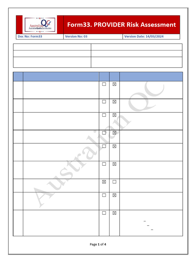 Form33. Providers Risk Assessment v3 | PDF | Risk