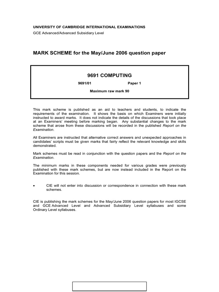 MARK SCHEME For The May/June 2006 Question Paper: University of Cambridge International ...