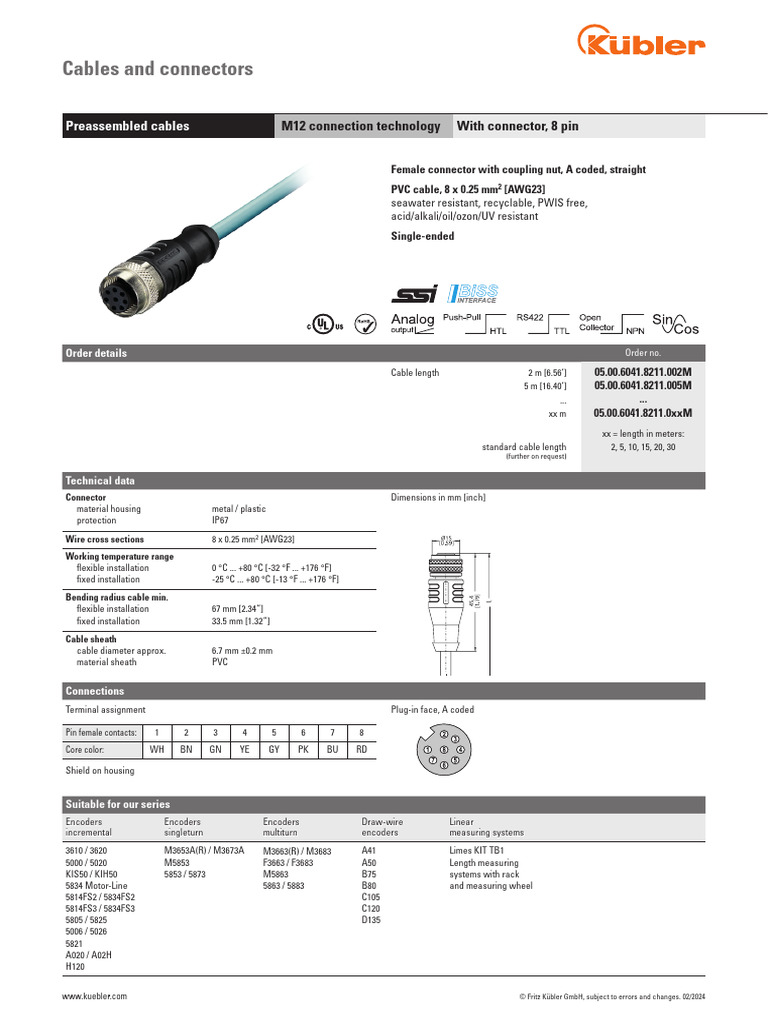 M12 Kabelsatz PVC - Buchse 8 Pol A+offen - 05.00.6041.8211.002M - en ...