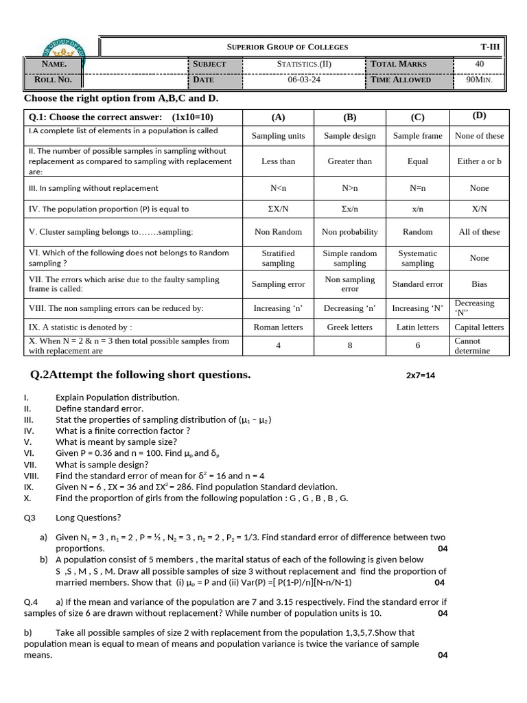 Statistics Ii Exam Questions And Answers Pdf Sampling Statistics
