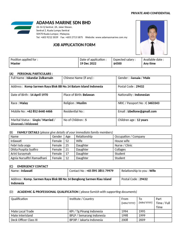 Adamas Marine Crew Application Form | PDF