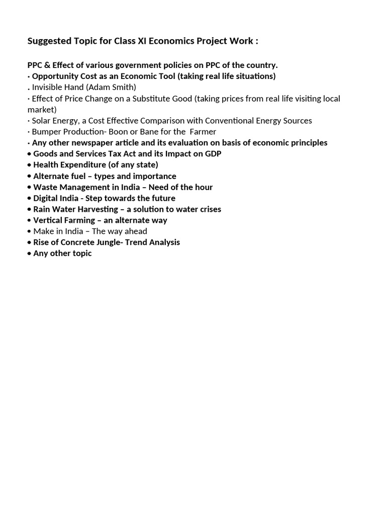 Suggested Topic for Class XI Economics Project Work | PDF