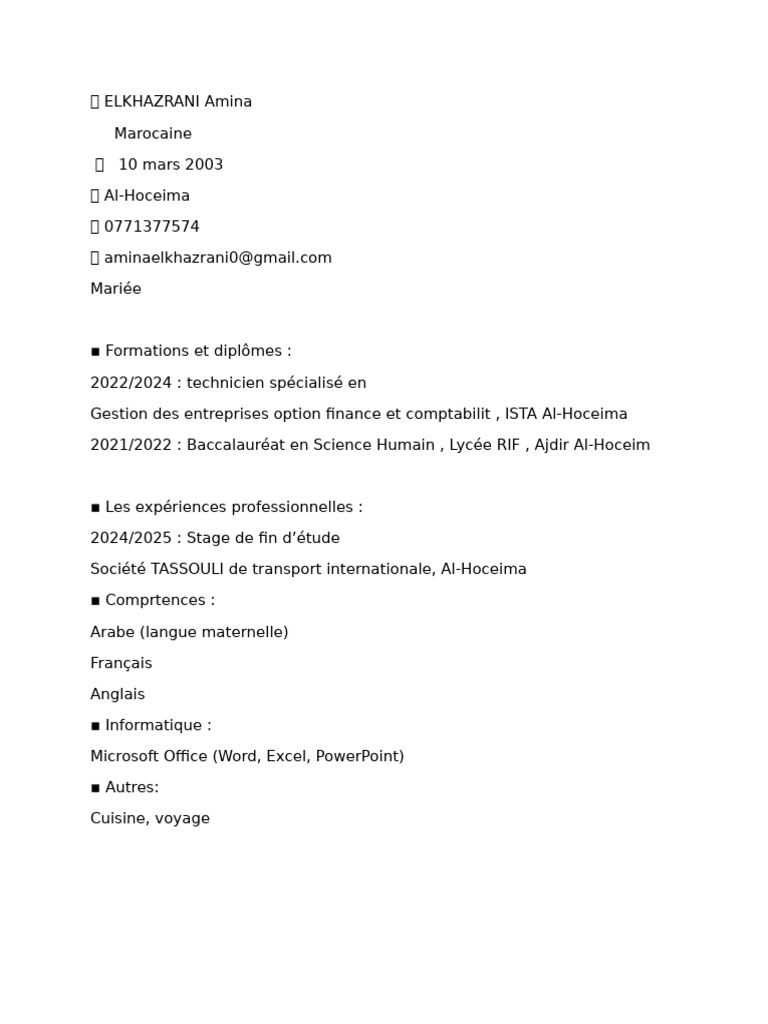 CV Amina Elkhazrani - Gestion Finance | PDF