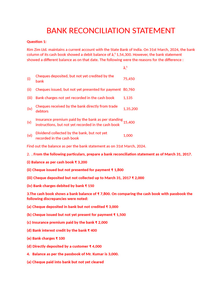 Bank Reconciliation Statement-Exam Questions | PDF | Banks | Cheque