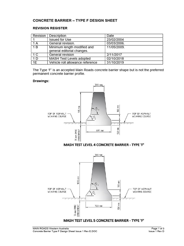 Type F Rigid Barriers Design Sheet | PDF | Concrete | Transport