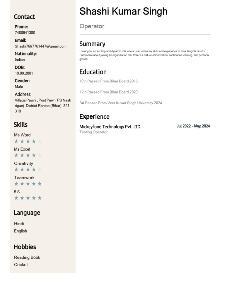 Shashi Kumar Resume | PDF | Career & Growth