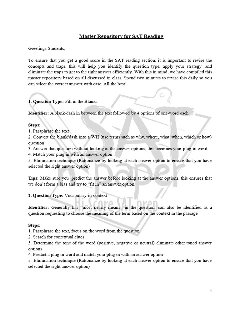 SAT Reading Question Types Guide | PDF | Question | Argument