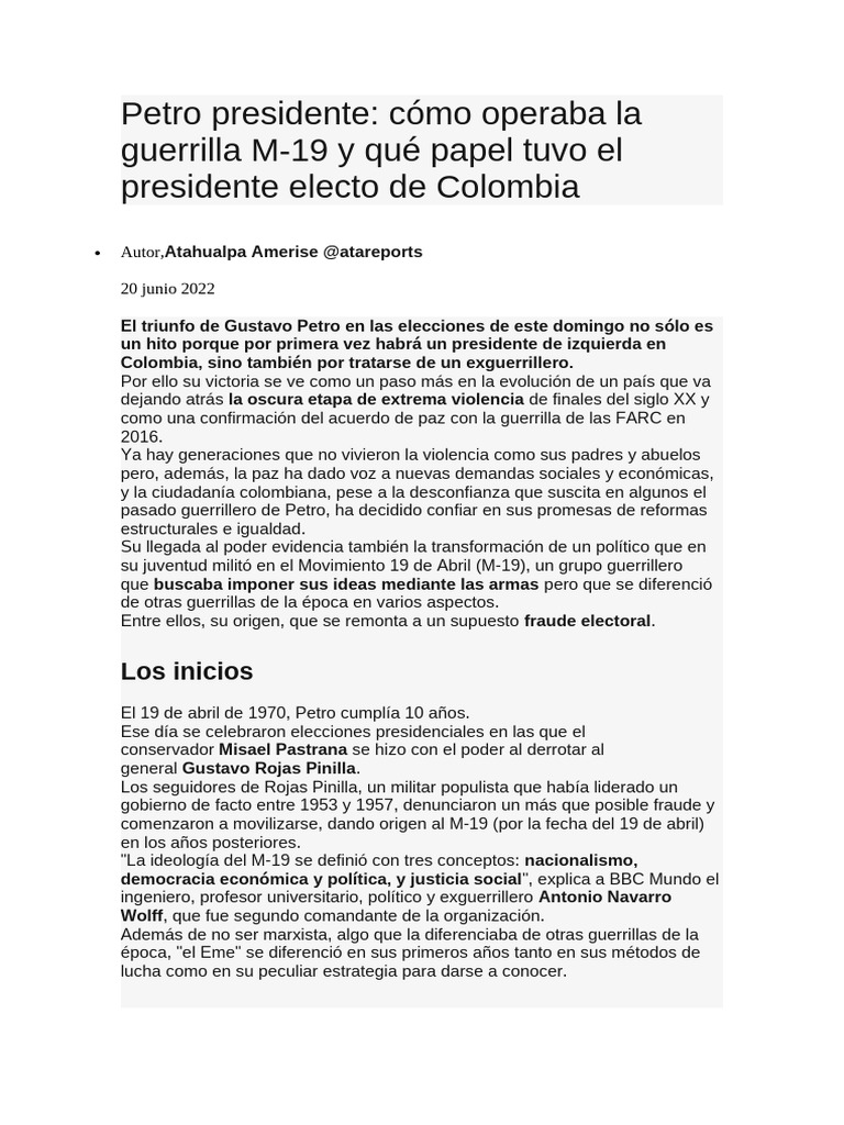 Gustavo Petro y La Guerrilla Del M-19 | PDF | Guerra de guerrillas ...