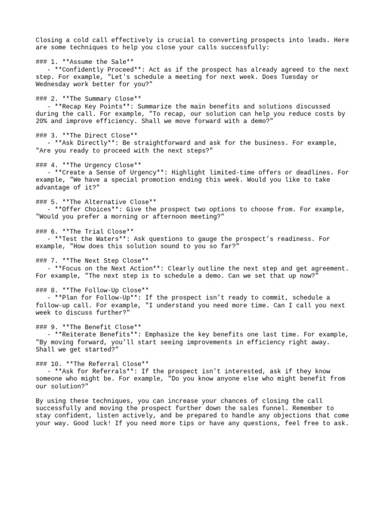 effective closing techniques for cold calling | PDF