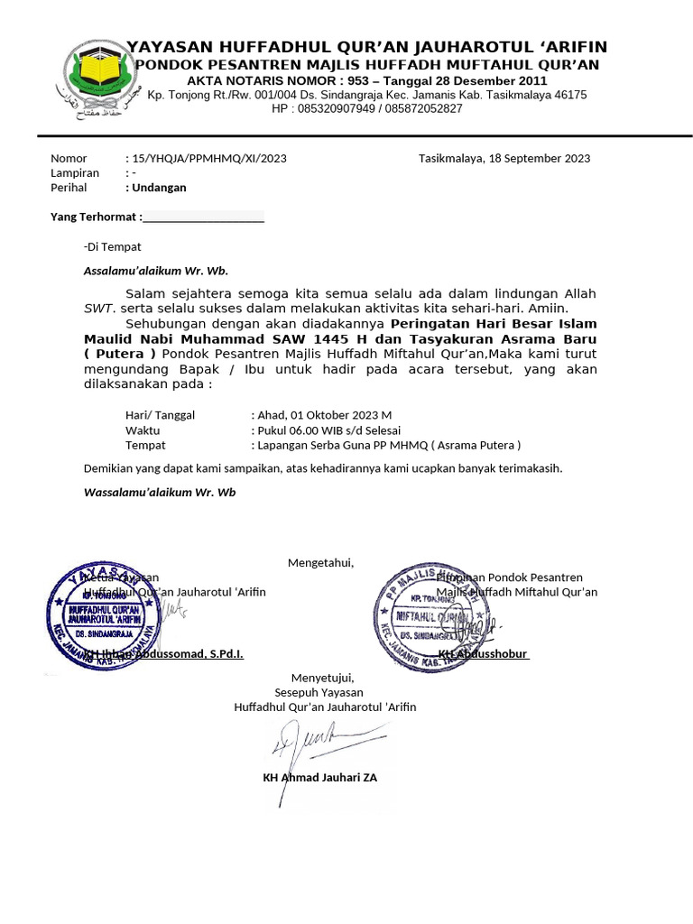 Undangan Phbi Dan Tasyakuran Asrama Baru (Putera) PPMHMQ PDF | PDF