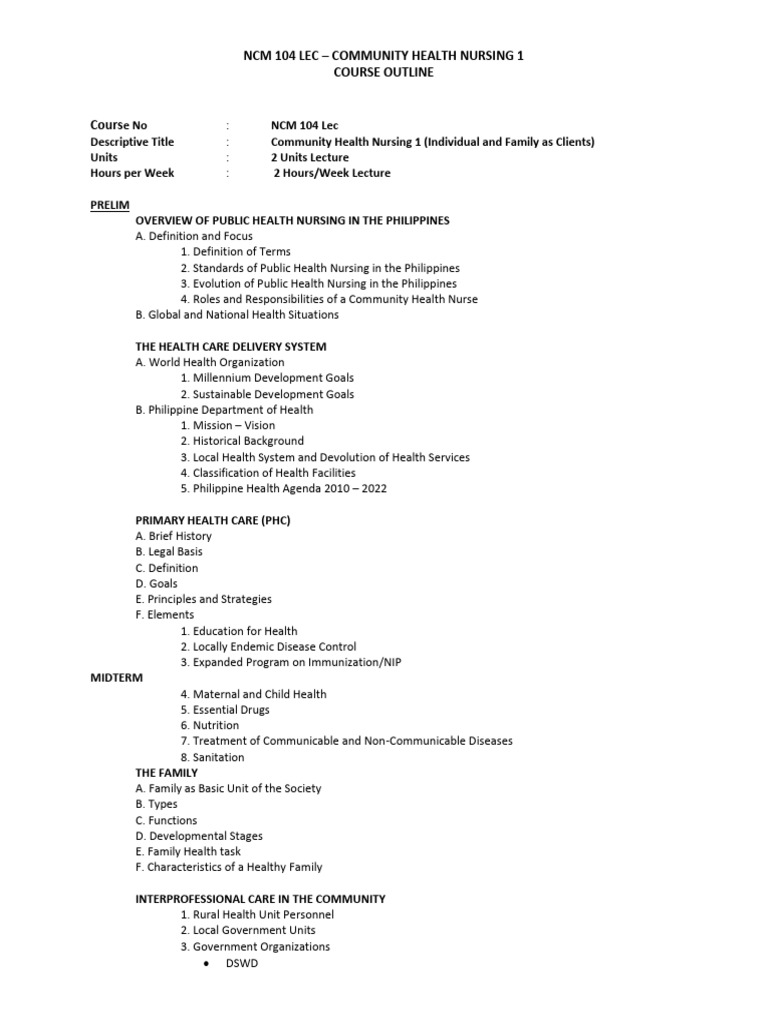 NCM 104 Course Outline | PDF | Nursing | Public Health NCM 104 Course Outline | PDF | Nursing | Public Health