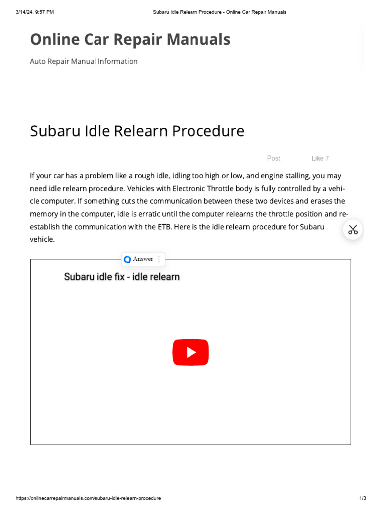 Subaru Idle Relearn Procedure - Online Car Repair Manuals | PDF ...