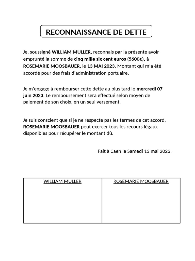 Reconnaissance de dette de 5600€ | PDF | Droit