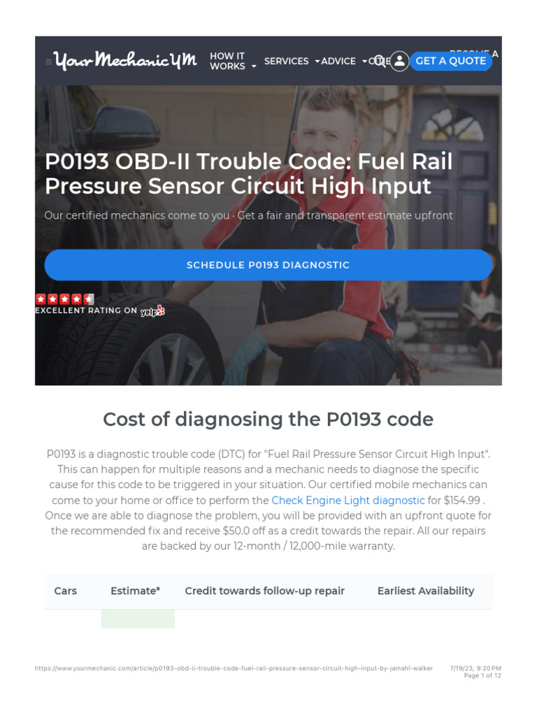 P0193 OBD-II Trouble Code - Fuel Rail Pressure Sensor Circuit High ...