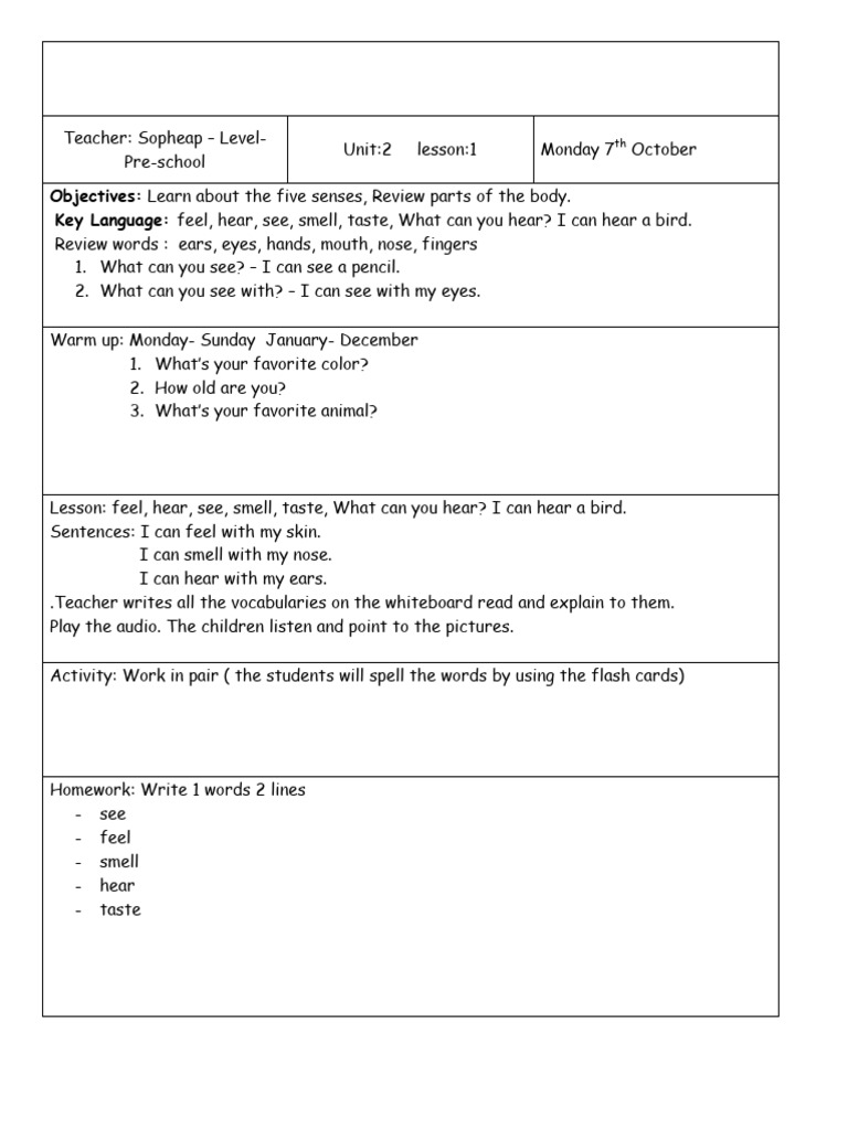 lesson plan 7-11 October | PDF | Senses | Vocabulary