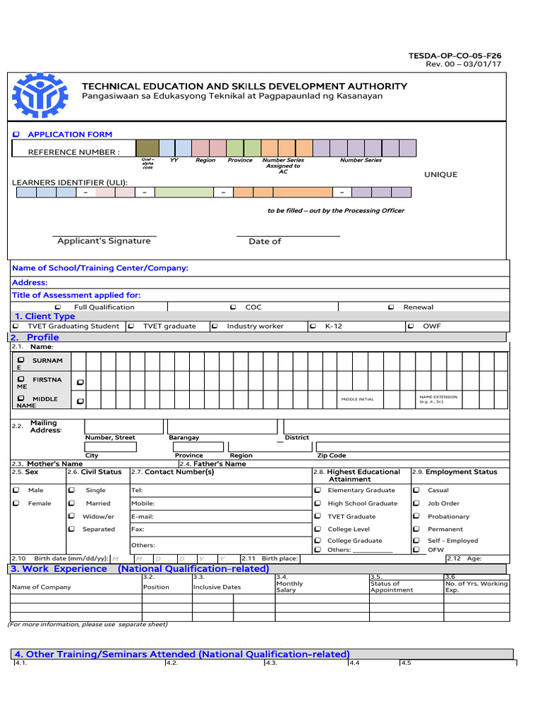 APPLICATION FORM (TESDA) | PDF