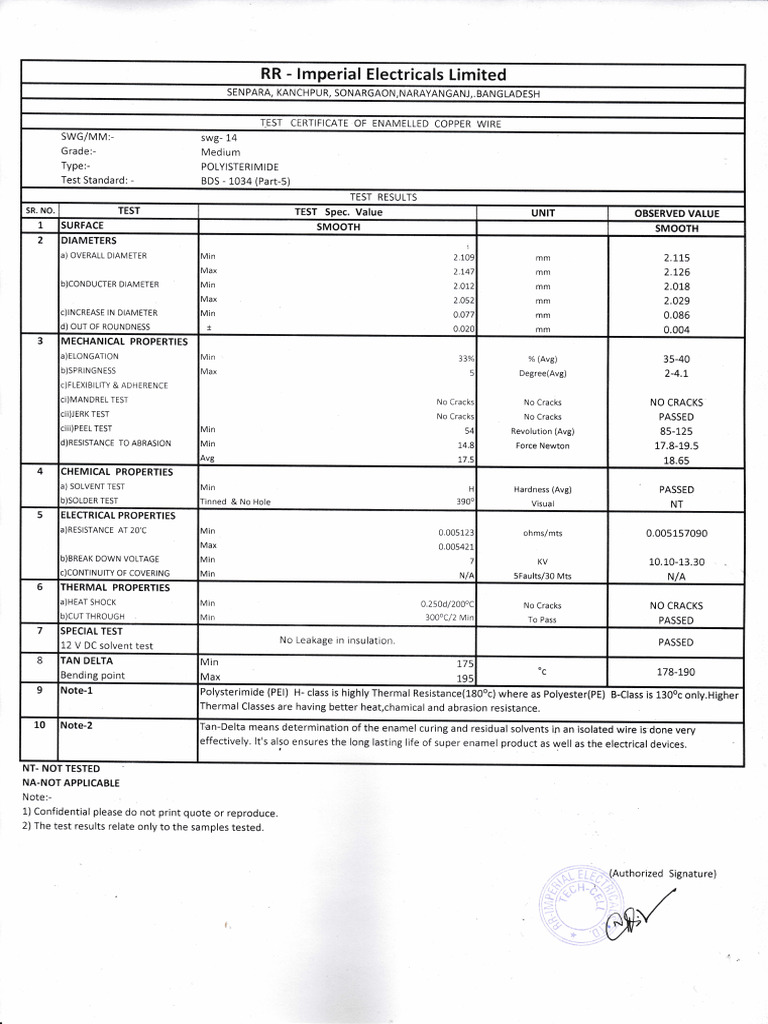 Copper Wire Test Certificate Summary | PDF | Electrical Resistance And ...