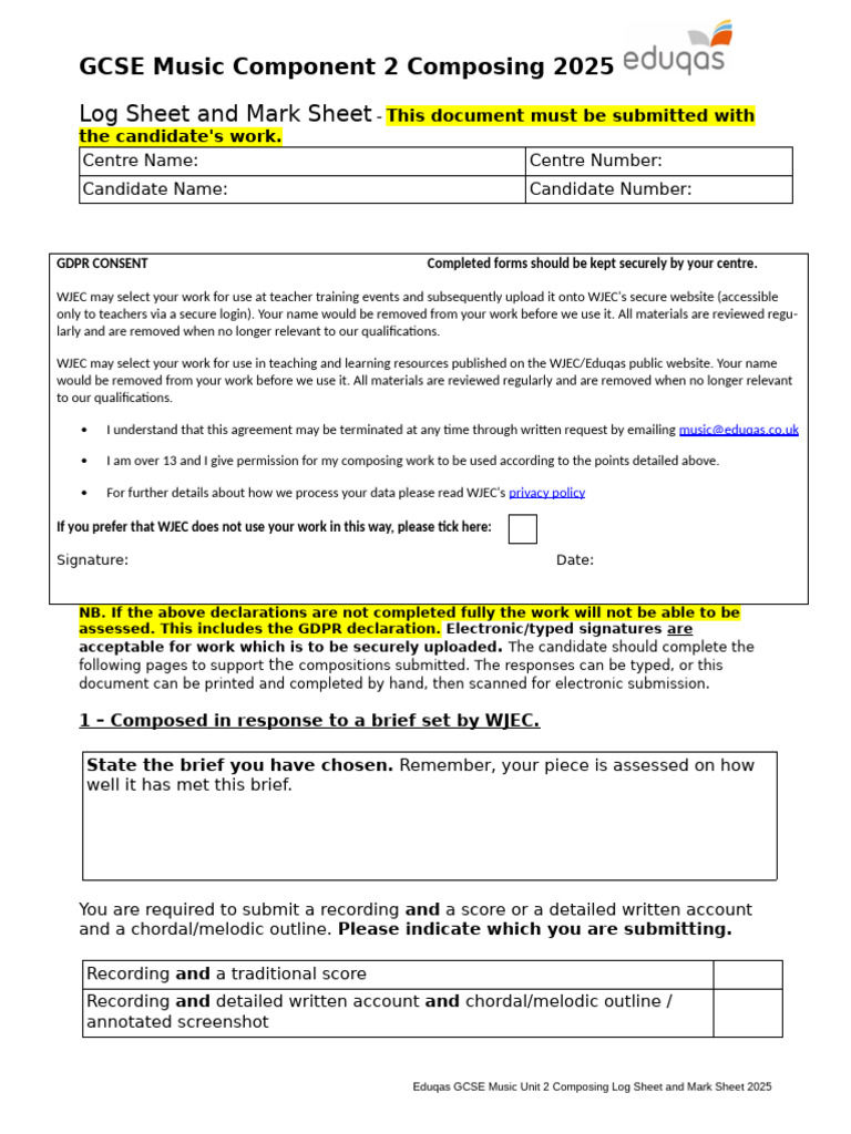 Eduqas Gcse Music Component 2 Composing Log and Mark Sheet | PDF ...