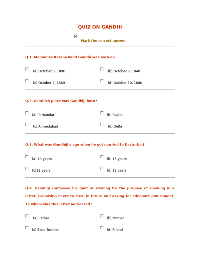 QUIZ ON GANDHI | PDF | Mahatma Gandhi | Indian Independence Movement
