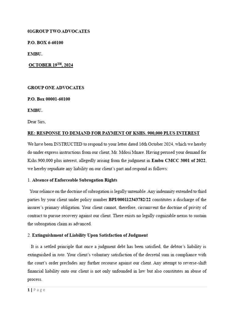 GRP 2 Response To Demand Letter-1 | PDF | Subrogation | Judgment (Law)