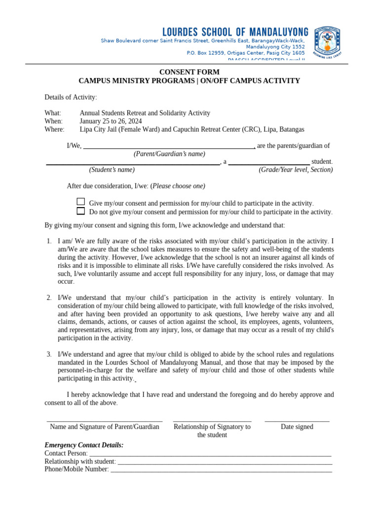 Parent Consent for Student Retreat | PDF | Consent | Justice