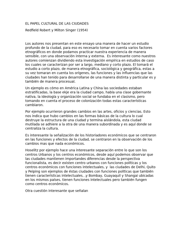 El papel cultural de las ciudades en la etnografía | PDF