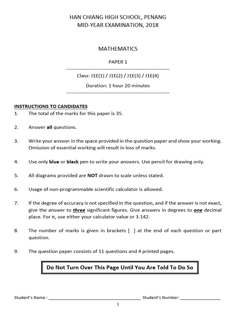 J1E - Math - Mid Year Exam 2018 - Paper 1 - Q | PDF | Celsius | Mathematics