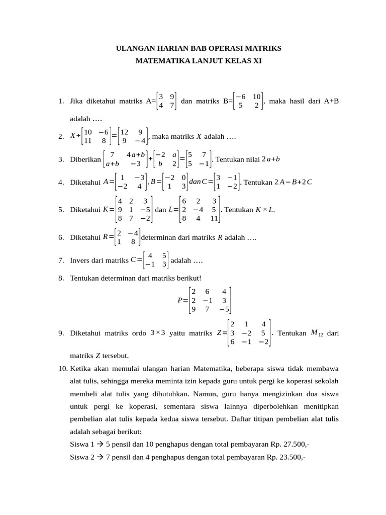 Soal Ulangan Operasi Matriks Kelas XI Smapa | PDF