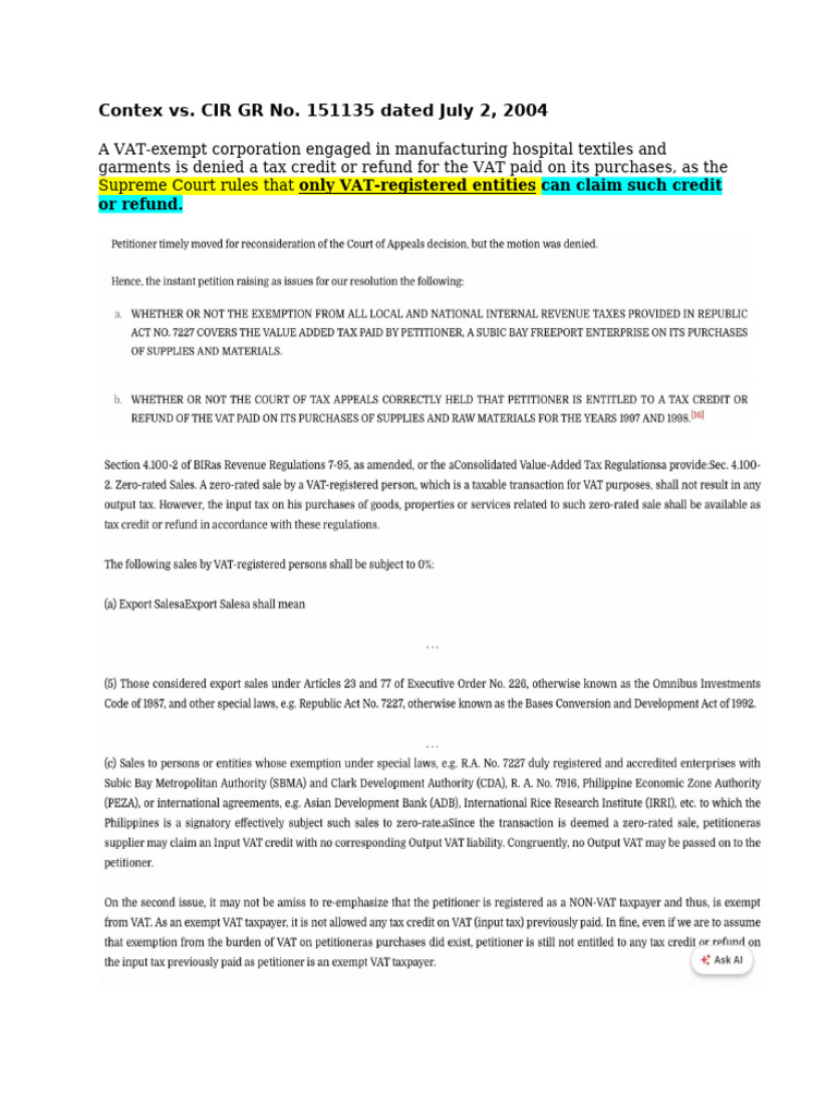 Contex Vs CIR & CIR vs. CoMaserco | PDF | Value Added Tax | Taxes