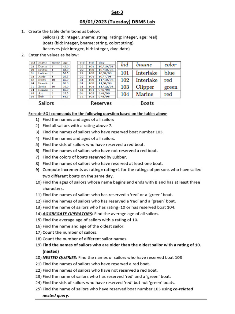 Set-3 08/01/2023 (Tuesday) DBMS Lab: Execute SQL Commands For The Following Question Based On ...