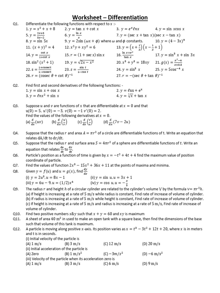 Worksheet Differentiation | PDF | Derivative | Acceleration