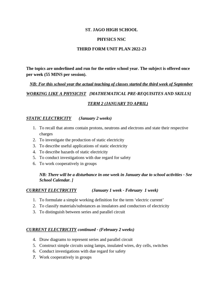 Edited - 3RD Form Physics NSC Unit Plan 2022-23 | PDF | Electricity ...