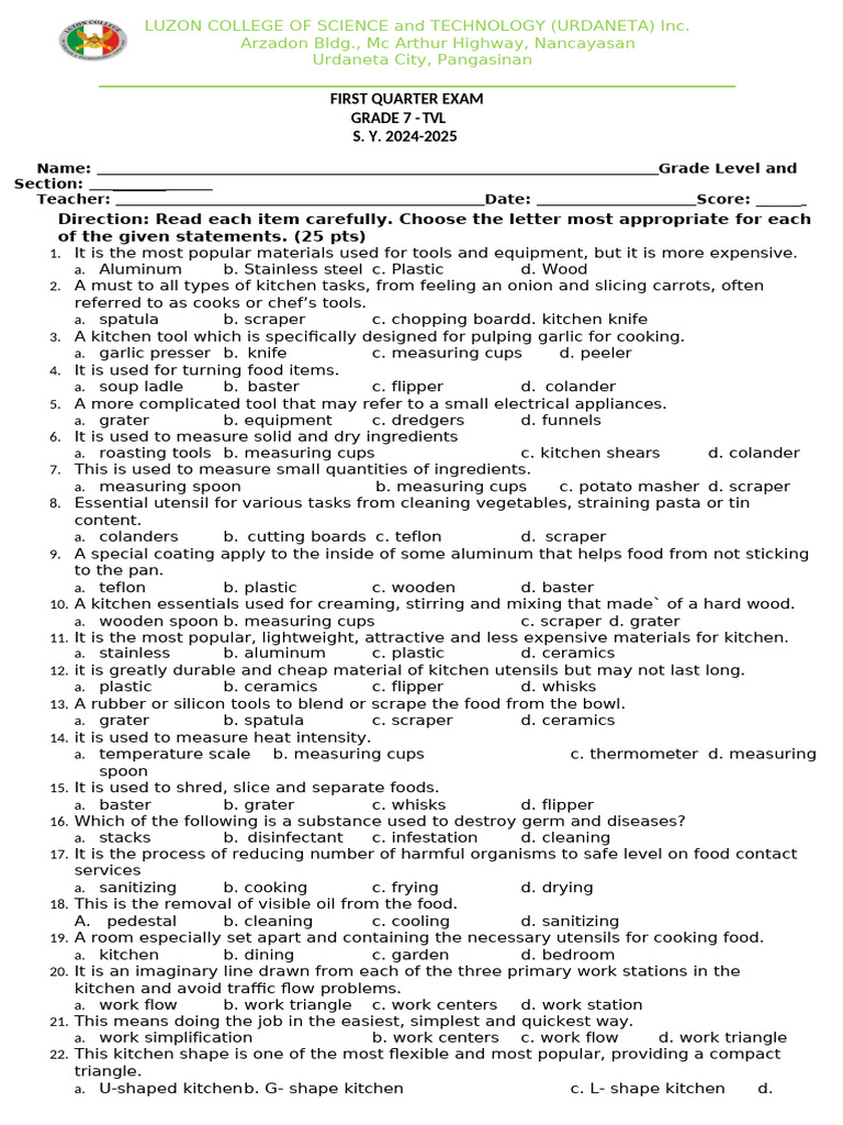 TLE-7- FIRST-QUARTER-EXAM | PDF | Kitchen Utensil | Kitchen