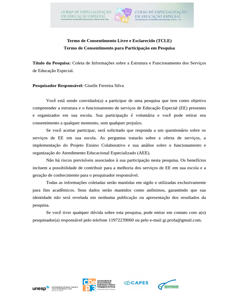 Termo de Consentimento Livre e Esclarecido (TCLE) | PDF | Educação Especial