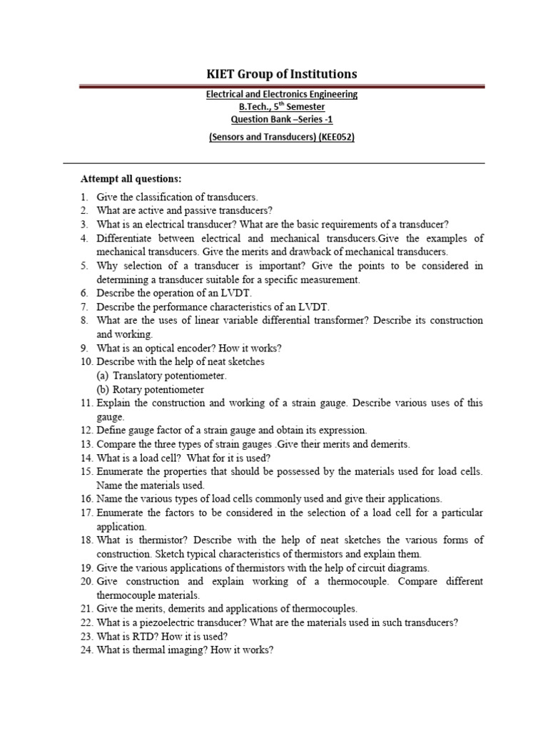 Question Bank Series _1_Sensor Transducers | PDF | Thermocouple | Equipment Question Bank Series _1_Sensor Transducers | PDF | Thermocouple | Equipment