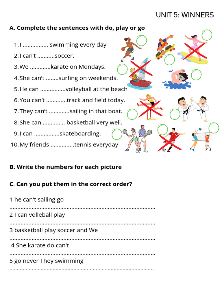 Unit 5: Winners: A. Complete The Sentences With Do, Play or Go | PDF ...