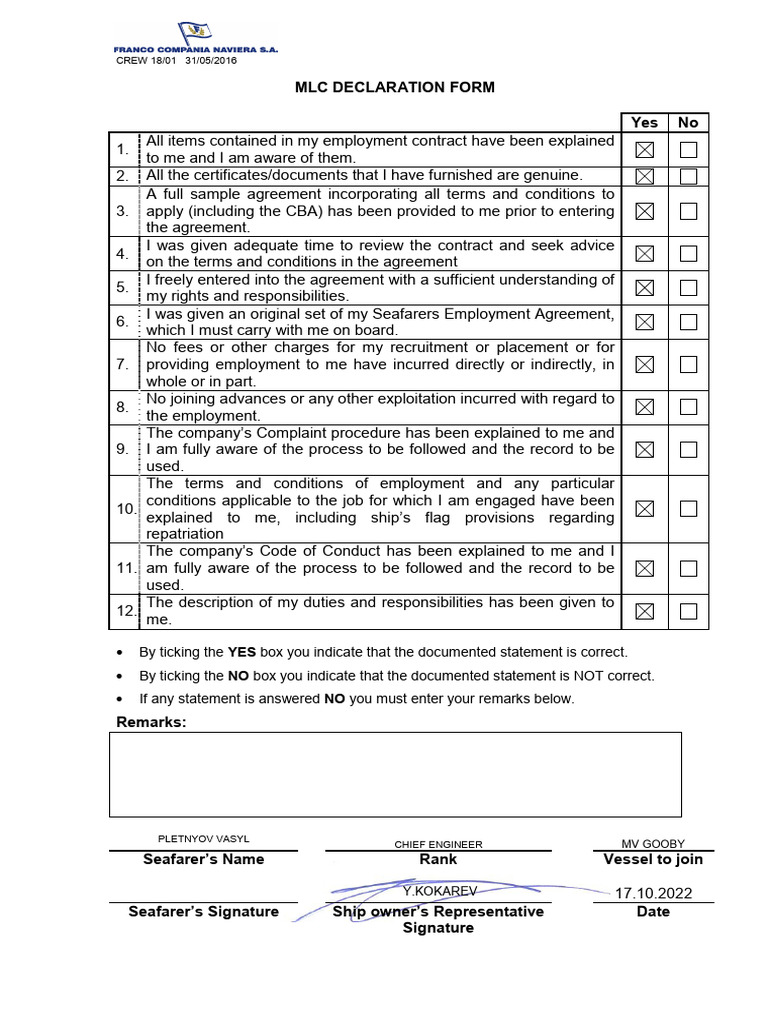 Anco Crew18-01 MLC Declaration Form | PDF