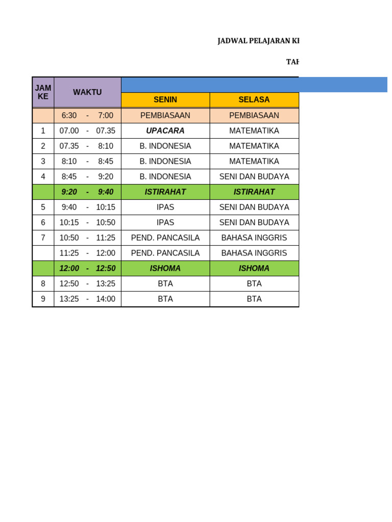 Jadwal Kelas 1 Dan 4 Kurmer | PDF