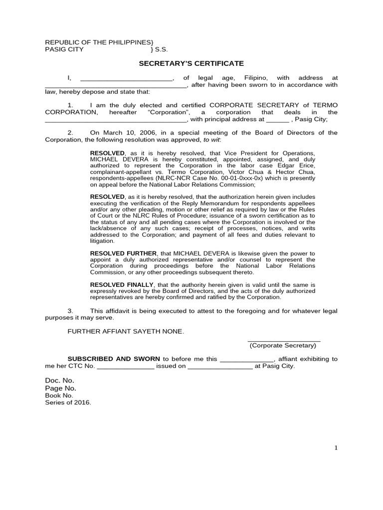 Legal Forms - Secretary's Certificate | PDF | Affidavit | Common Law