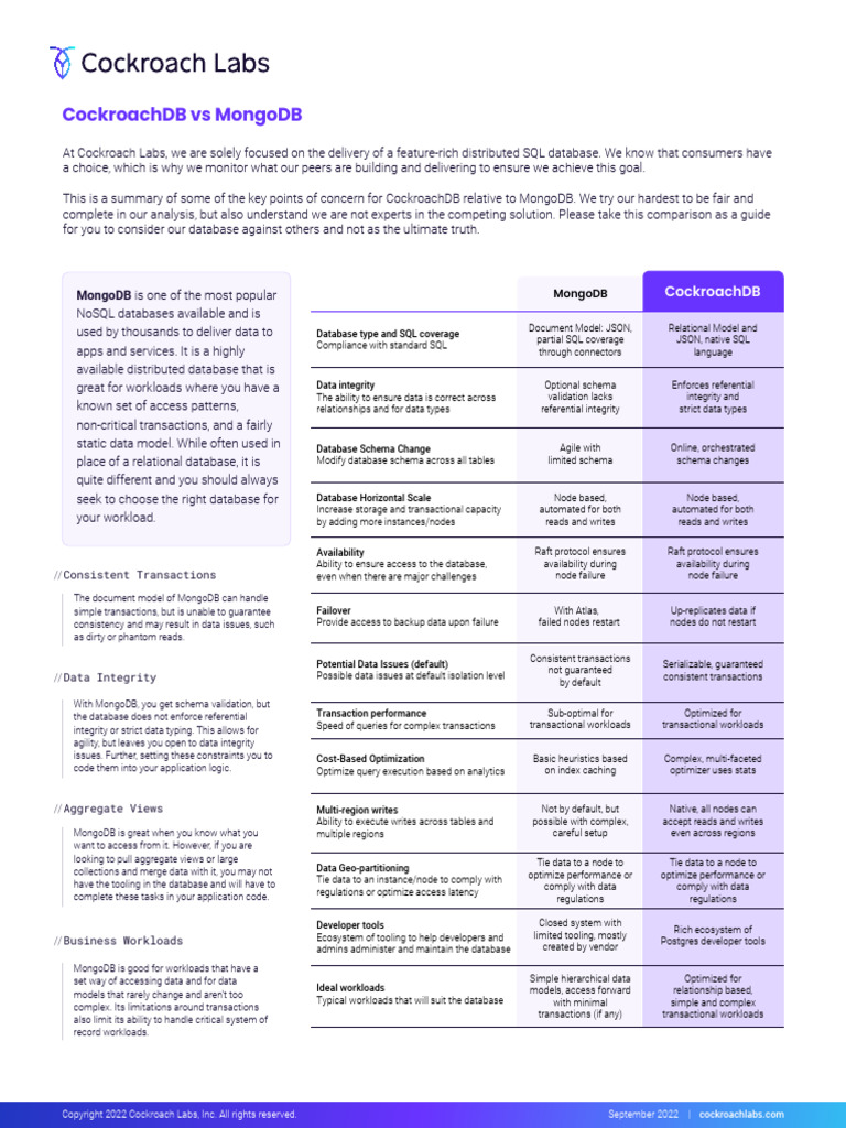 CockroachLabs CockroachDB Vs MongoDB | PDF | Databases | Database Transaction
