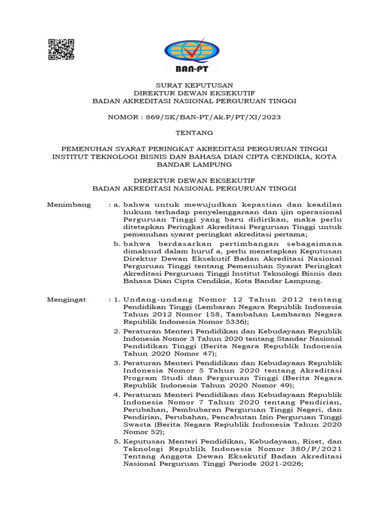 Perguruan Tinggi - ITBA DCC - SK Akreditasi | PDF