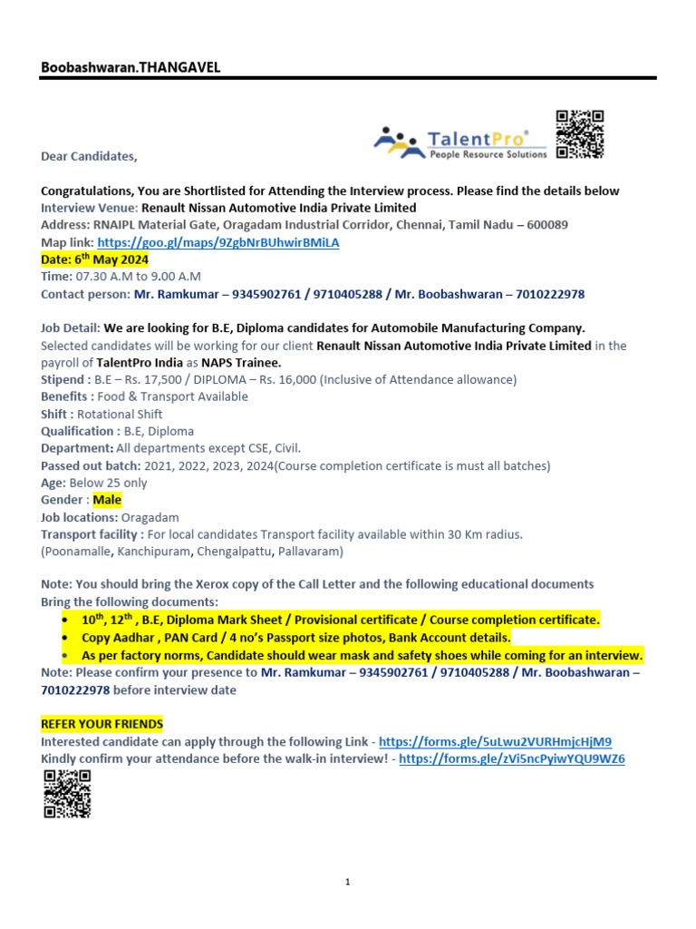 Renault Nissan Interview Call 2024 | PDF | Career & Growth