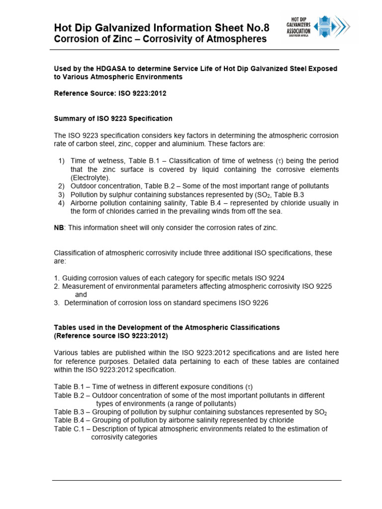 HDGA Info Sheet No8 Corrosion of Zinc Corrosivity of Atmospheres | PDF | Corrosion | Nature