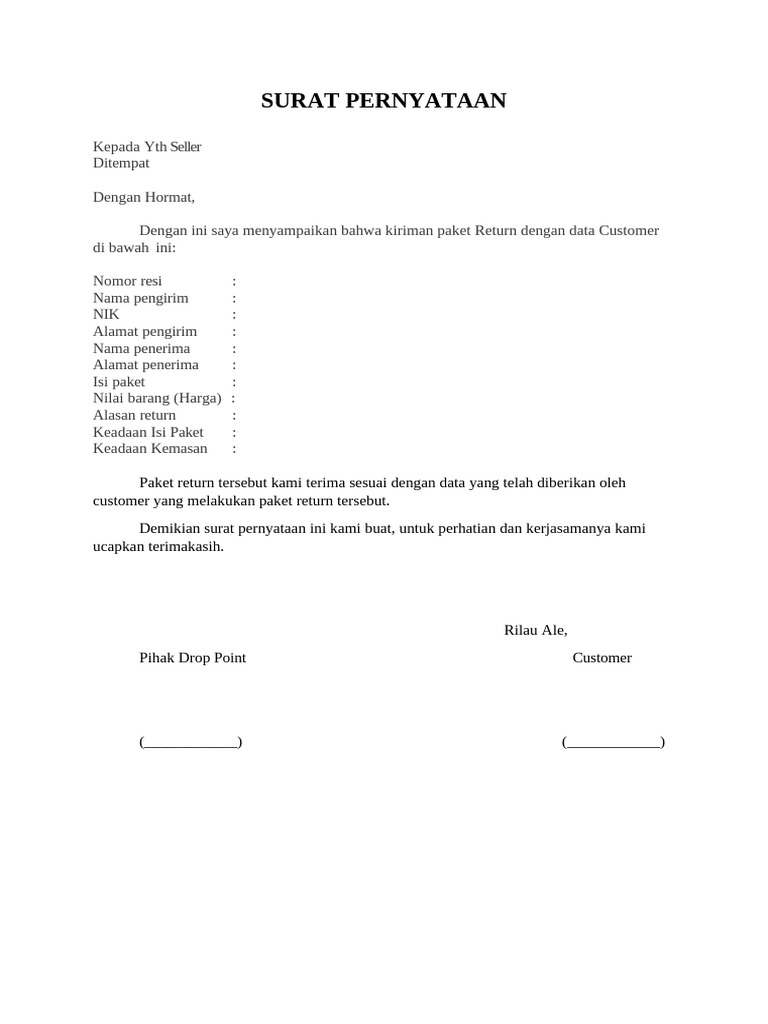 Surat Pernyataan Paket Retur | PDF | Pengelolaan Keuangan & Uang