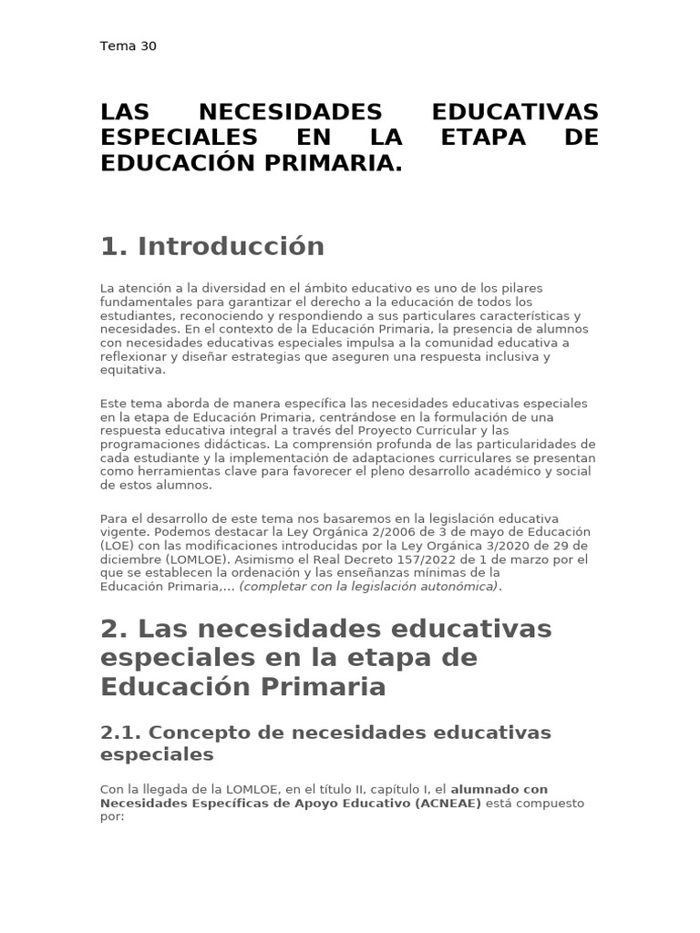 TEMA 30. NEE en Educación Primaria | PDF | Plan de estudios | Evaluación