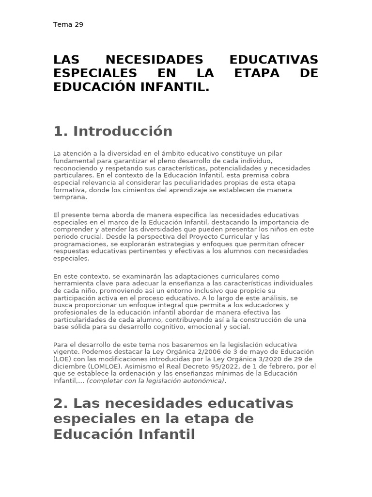 TEMA 29. NEE en Educación Infantil | PDF | Educación de la primera infancia | Plan de estudios