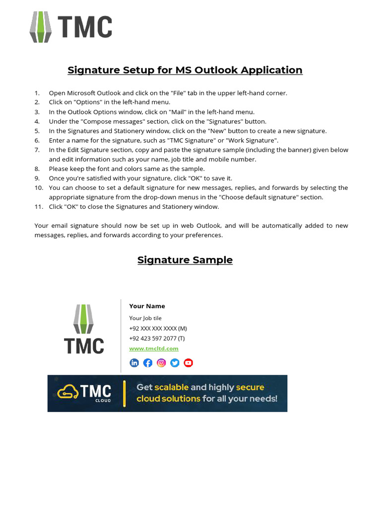 TMC Signature Setup Guide | PDF | Microsoft Outlook | Menu (Computing)