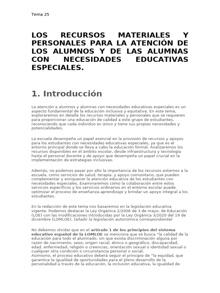 TEMA 25. Los Recursos para La Atención de Los NEE | PDF | Evaluación | Enseñando