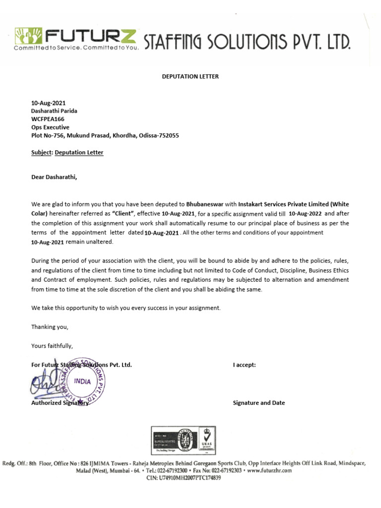 Deputation Letter | PDF | Employment | Justice