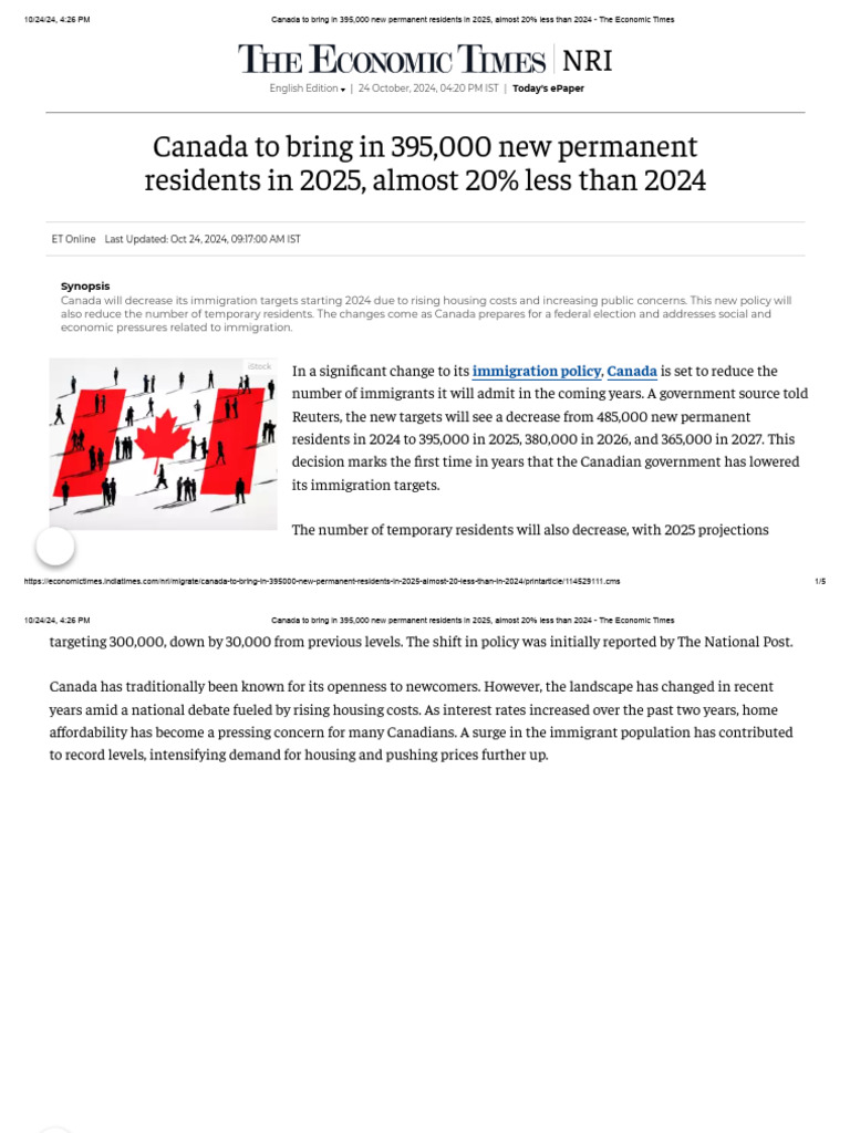 Canada To Bring in 395,000 New Permanent Residents in 2025, Almost 20% ...